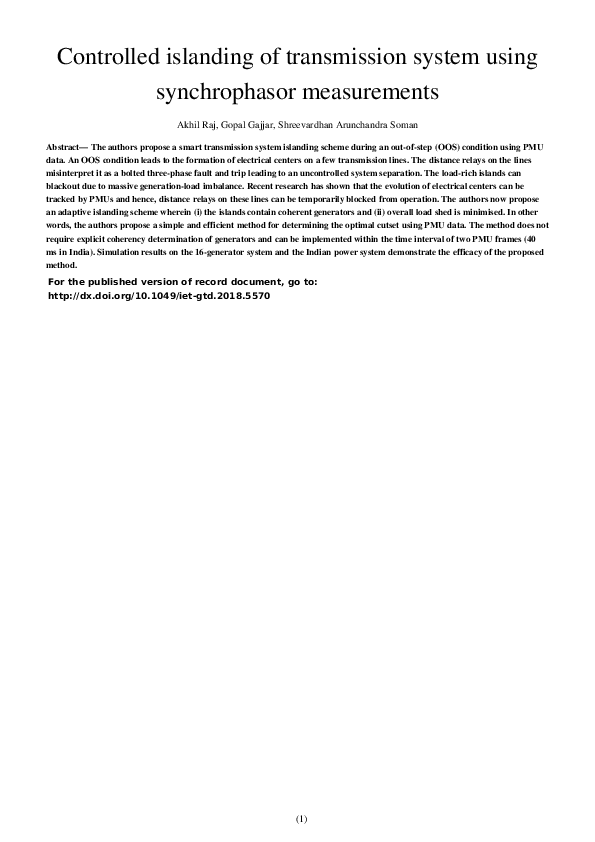 (PDF) Controlled islanding of transmission system using synchrophasor measurements | AKHIL RAJ ...