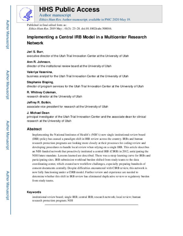 (PDF) Implementing a Central IRB Model in a Multicenter Research ...