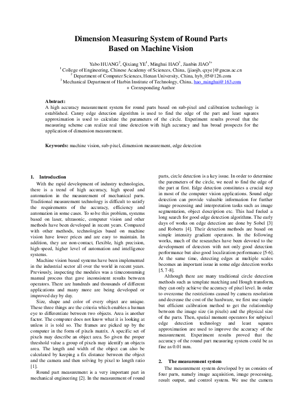 (PDF) Dimension Measuring System of Round Parts Based on Machine Vision