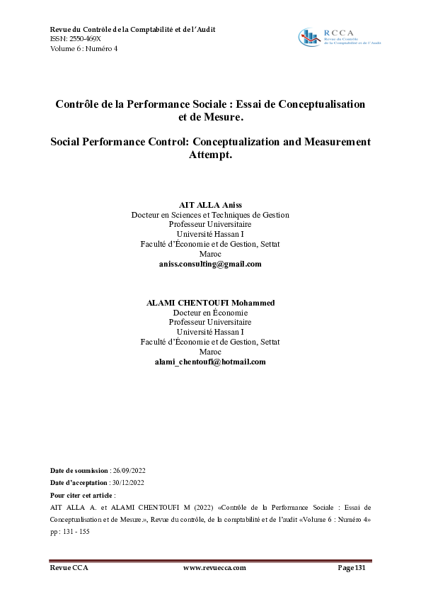 (PDF) Contrôle de la Performance Sociale : Essai de Conceptualisation et de Mesure