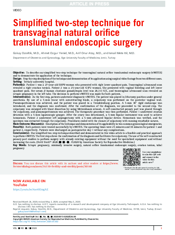 (PDF) Simplified two-step technique for transvaginal natural orifice transluminal endoscopic surgery