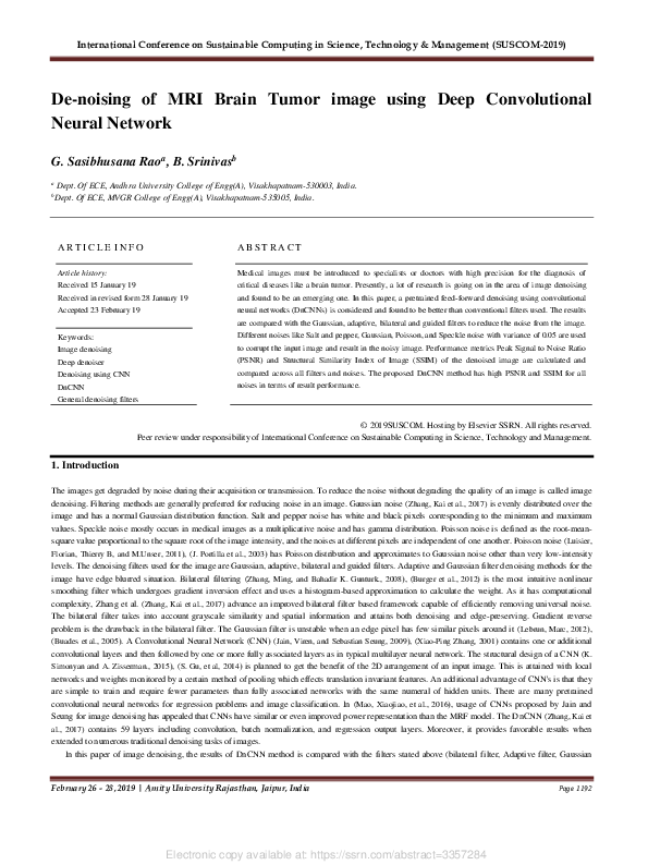 (PDF) De-Noising of MRI Brain Tumor Image using Deep Convolutional Neural Network