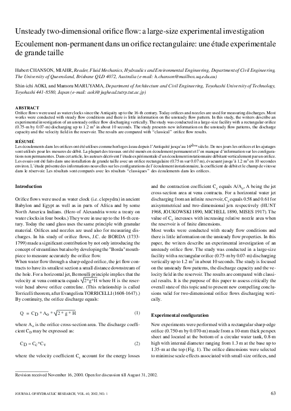 (PDF) Unsteady two-dimensional orifice flow: a large-size experimental investigation Ecoulement ...