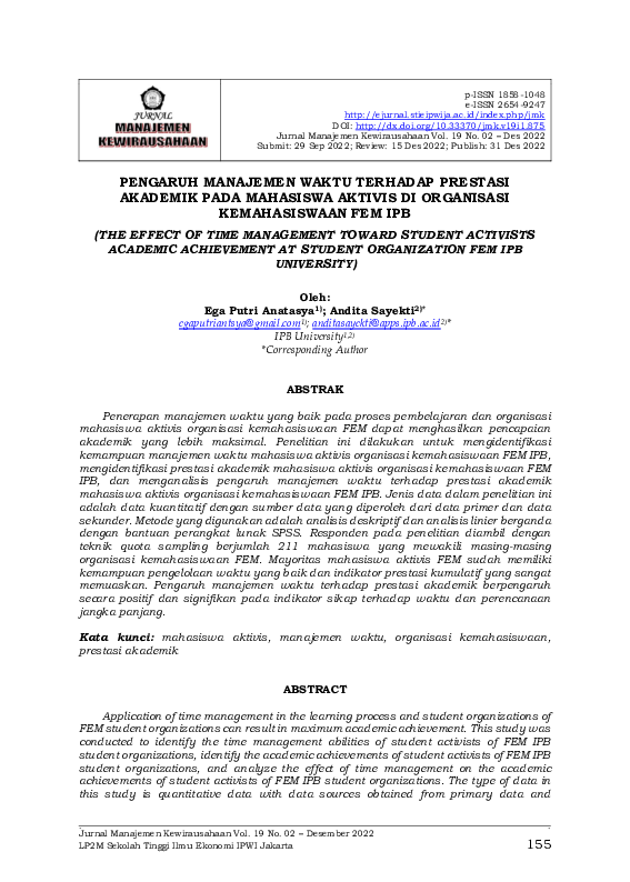 (PDF) Pengaruh Manajemen Waktu Terhadap Prestasi Akademik Pada ...