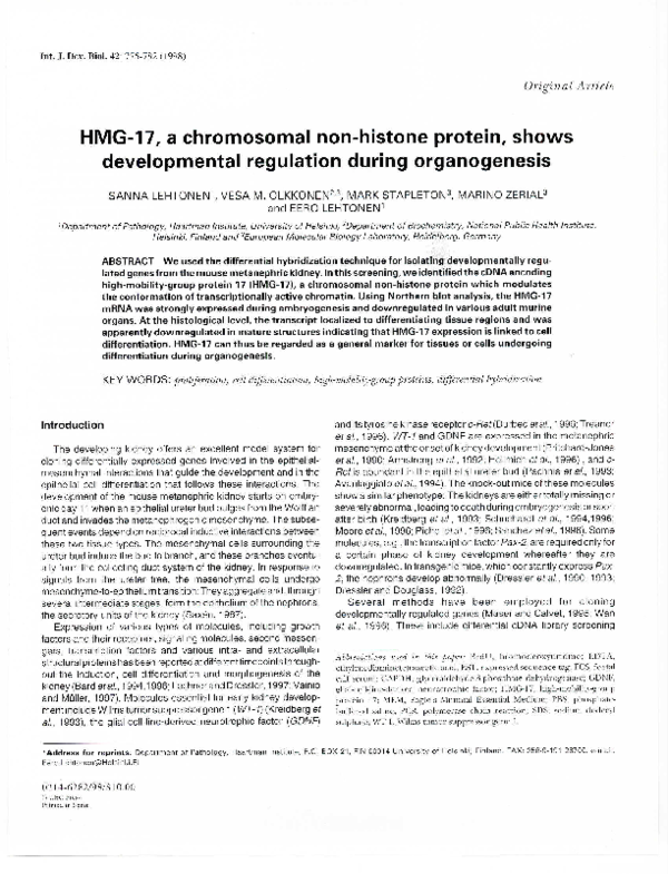 (PDF) HMG-17, a chromosomal non-histone protein, shows developmental ...