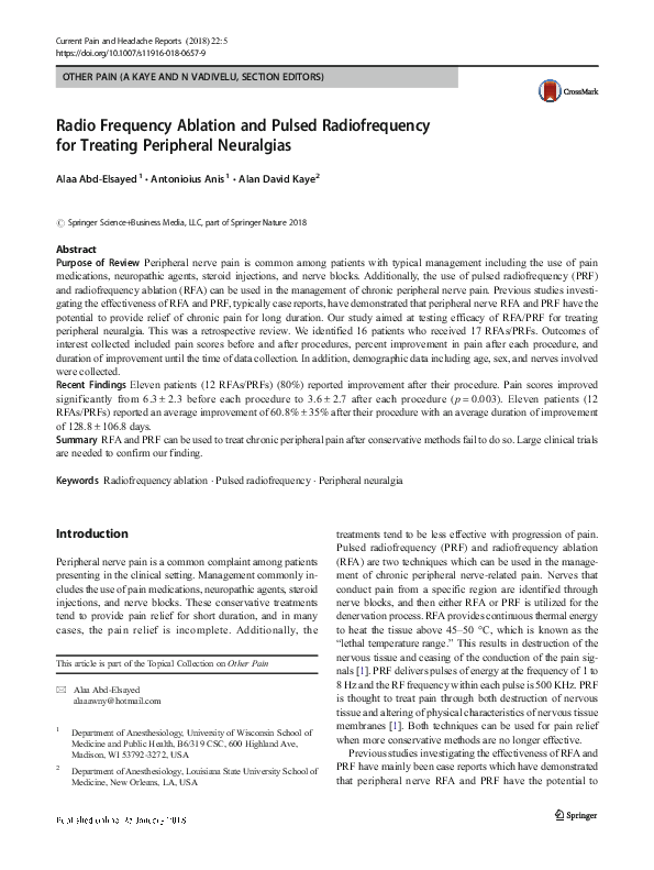 (PDF) Radiofrequency ablation and pulsed radiofrequency ablation for the sympathetic nervous system
