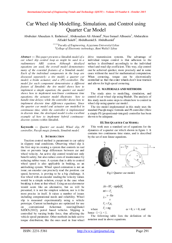 (PDF) Car Wheel slip Modelling, Simulation, and Control using Quarter Car Model