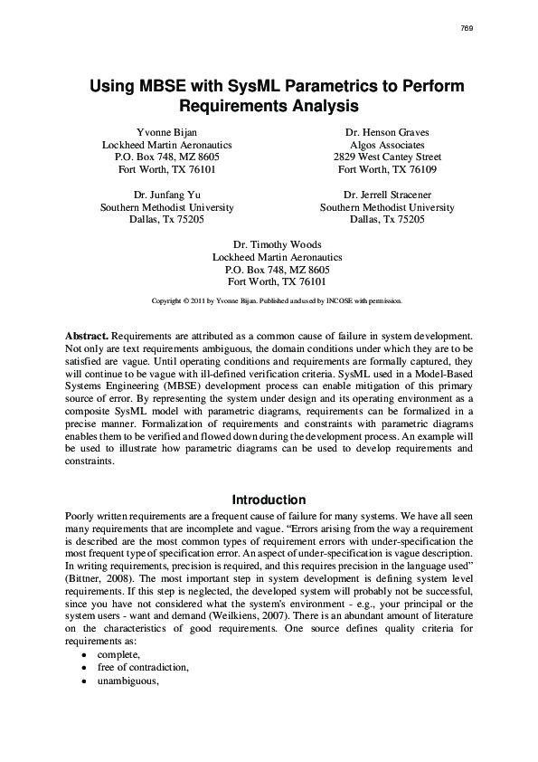 (PDF) 6.6.1 Using MBSE with SysML Parametrics to Perform Requirements Analysis