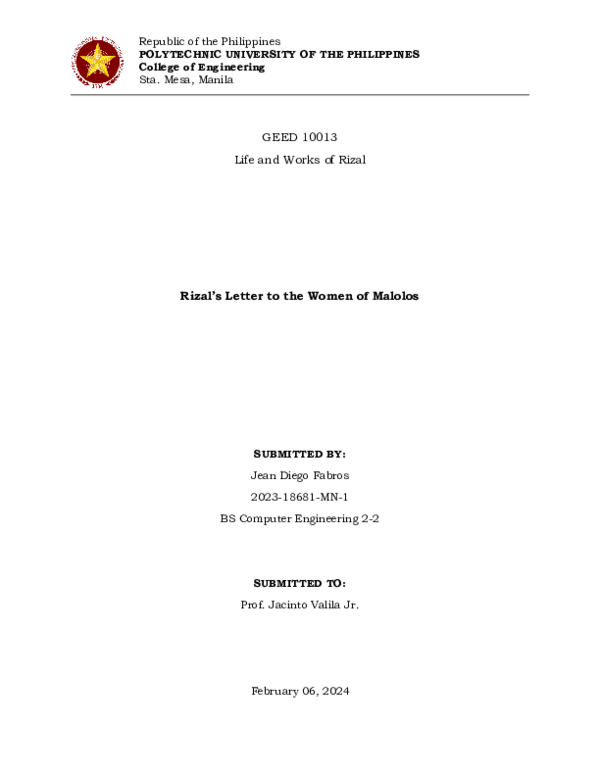 (PDF) Rizal's Letter to the Women of Malolos