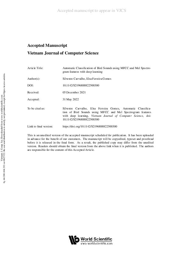 Pdf Automatic Classification Of Bird Sounds Using Mfcc And Mel Spectrogram Features With Deep