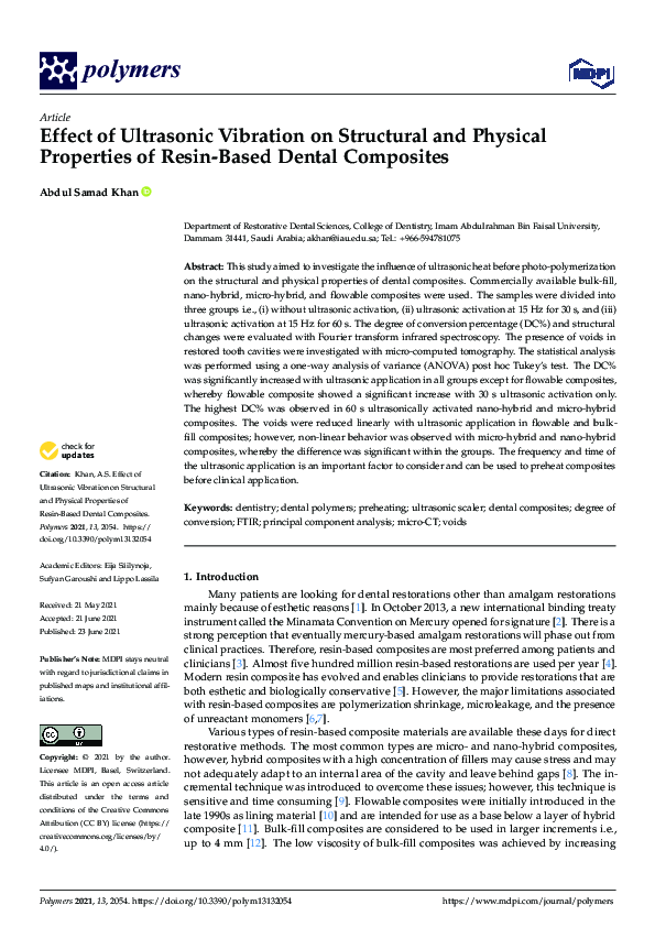 (PDF) Effect of Ultrasonic Vibration on Structural and Physical Properties of Resin-Based Dental ...