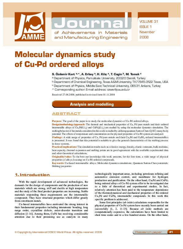 (PDF) Molecular dynamics study of Cu-Pd ordered alloys