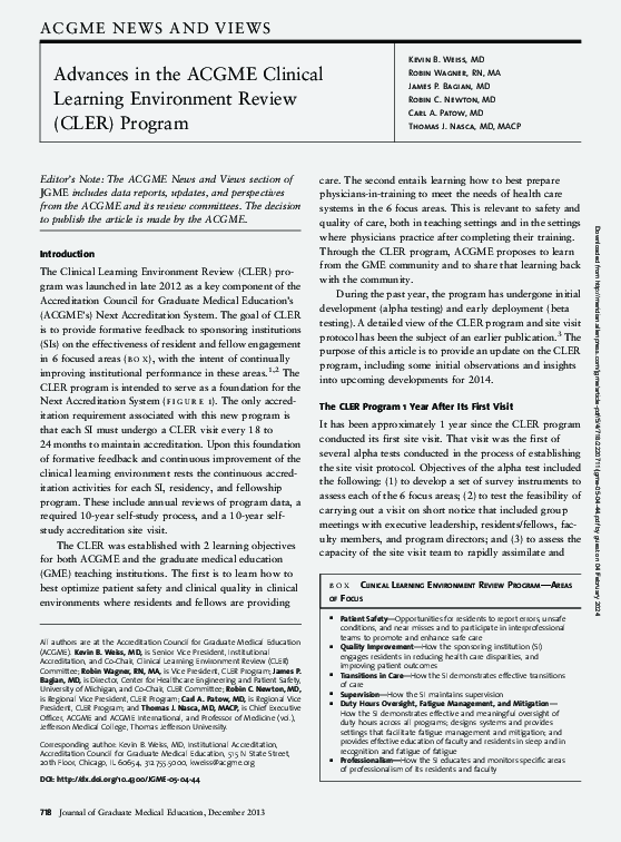 (PDF) Advances in the ACGME Clinical Learning Environment Review (CLER ...