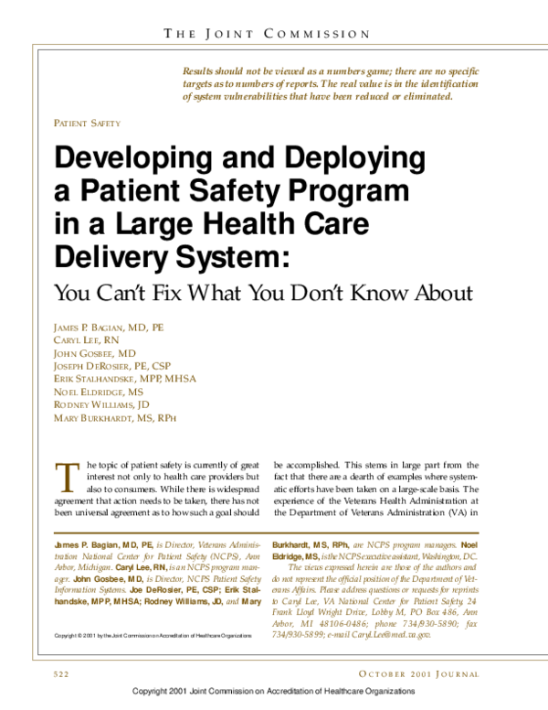 (PDF) Developing and Deploying a Patient Safety Program in a Large Health Care Delivery System ...