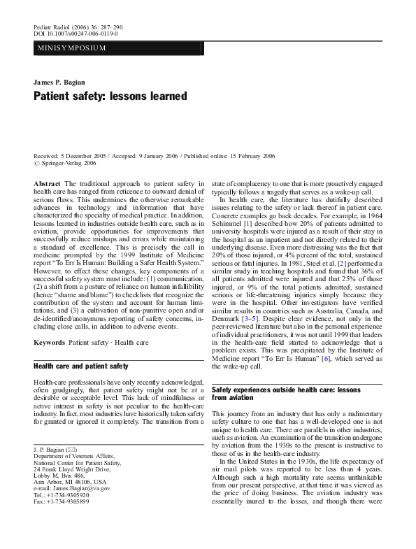 (PDF) Patient safety: lessons learned | James Bagian - Academia.edu