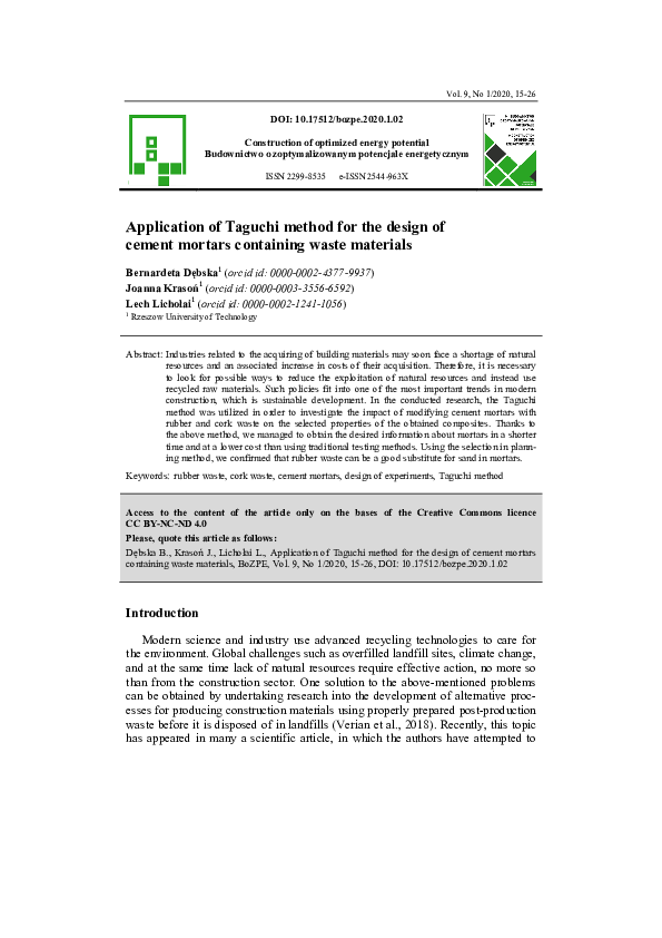 (PDF) Application of Taguchi method for the design of cement mortars containing waste materials