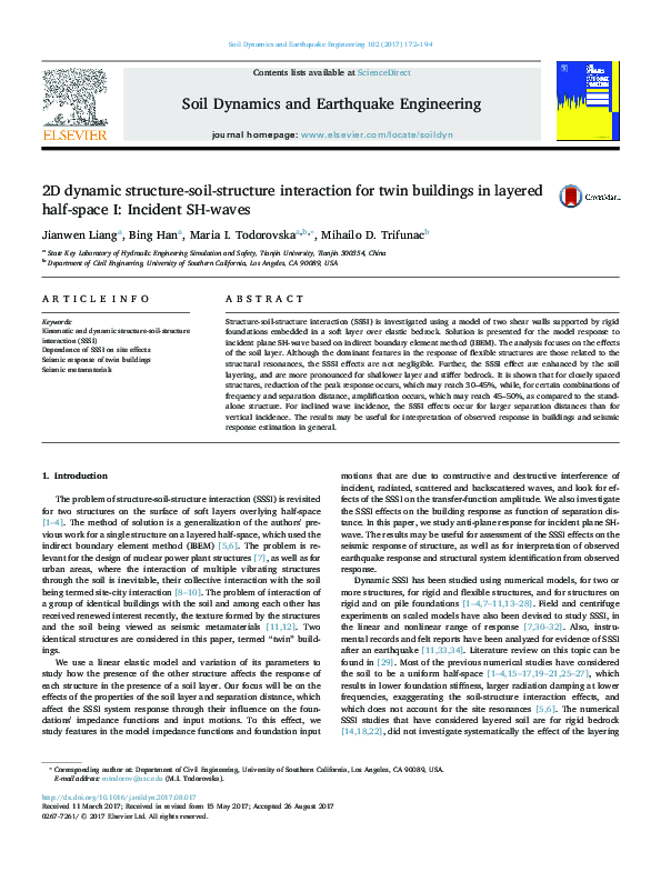 (PDF) 2D dynamic structure-soil-structure interaction for twin buildings in layered half-space I ...