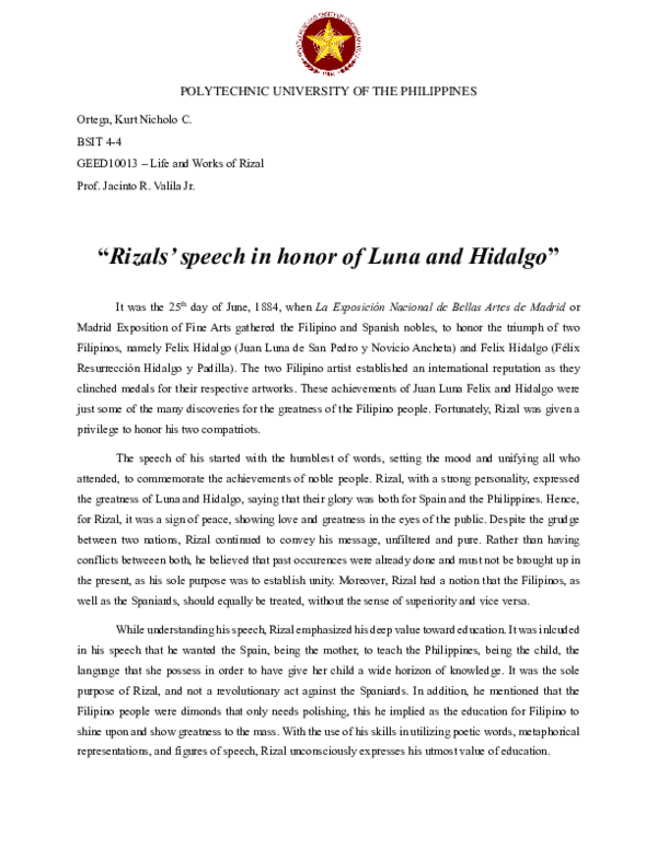 (PDF) Rizal's Speech in Honor of Luna and Hidalgo