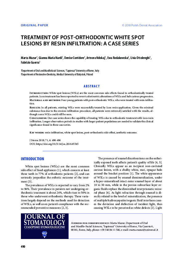 Pdf Treatment Of Post Orthodontic White Spot Lesions By Resin Infiltration A Case Series