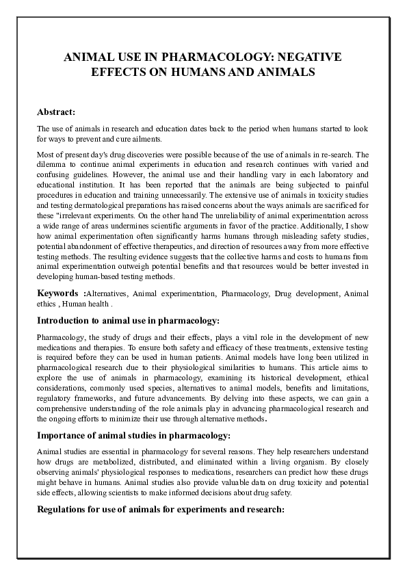 (DOC) ANIMAL USE IN PHARMACOLOGY: NEGATIVE EFFECTS ON HUMANS AND ANIMALS