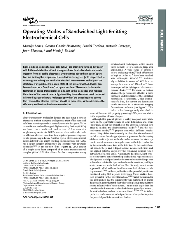 (PDF) Operating Modes of Sandwiched Light-Emitting Electrochemical Cells