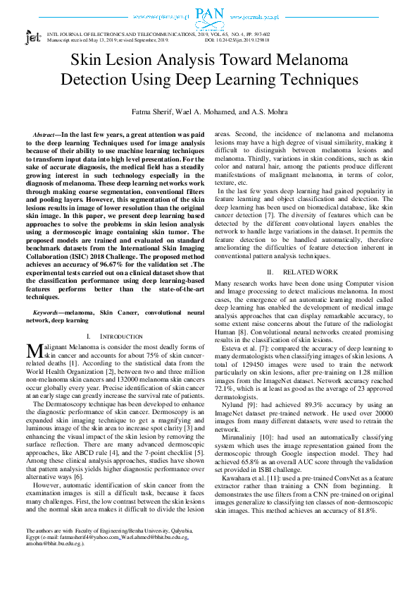 (PDF) Skin Lesion Analysis Toward Melanoma Detection Using Deep Learning Techniques