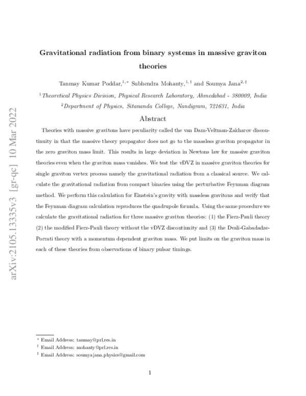 Pdf Gravitational Radiation From Binary Systems In Massive Graviton