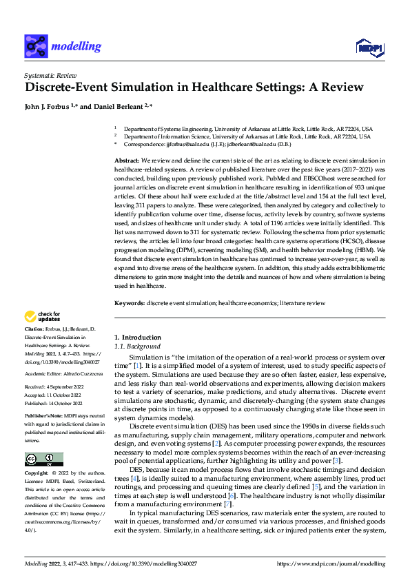 Pdf Discrete Event Simulation In Healthcare Settings A Review