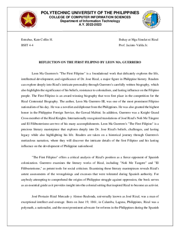 (PDF) REFLECTION ON THE FIRST FILIPINO BY LEON MA. GUERRERO | Kate ...