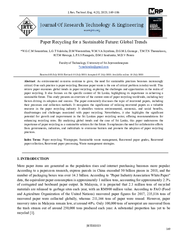 (PDF) Paper Recycling for a Sustainable Future: Global Trends