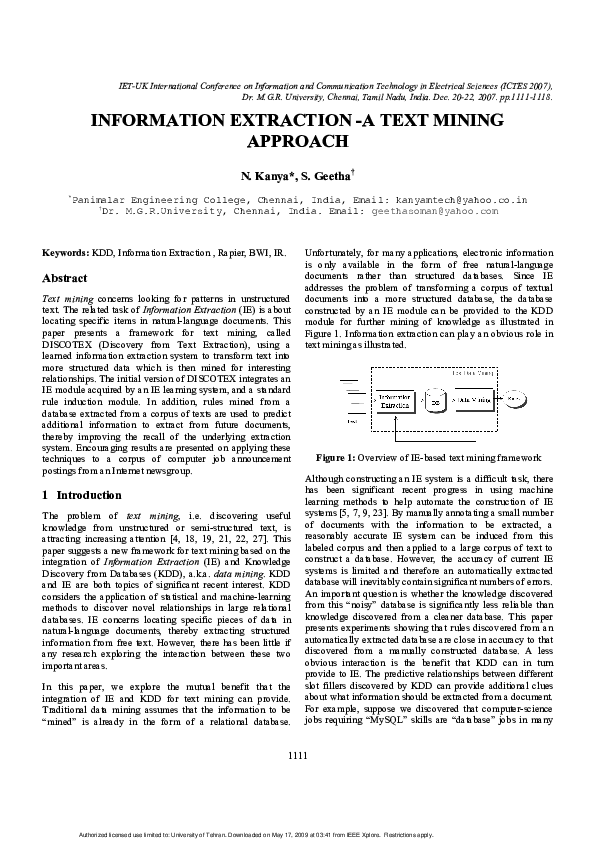 (PDF) Information extraction - a text mining approach