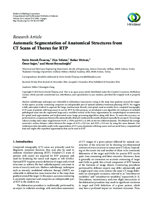 (PDF) Automatic Segmentation of Anatomical Structures from CT Scans of Thorax for RTP