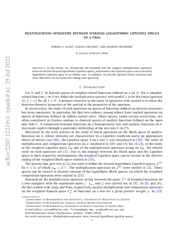 Pdf Multiplication Operators Between Iterated Logarithmic Lipschitz Spaces Of A Tree Andrew