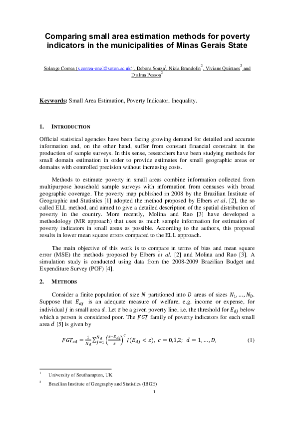 (PDF) Comparing small area estimation methods for poverty indicators in ...