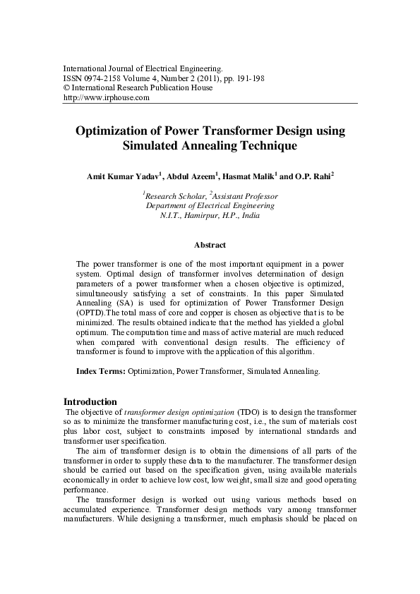 (PDF) Optimization of Power Transformer Design using Simulated Annealing Technique | Abdul Azeem ...