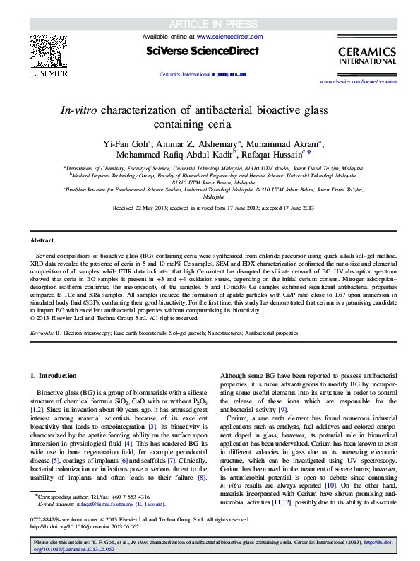 (PDF) In-vitro characterization of antibacterial bioactive glass containing ceria