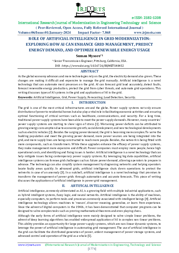 (PDF) ROLE OF ARTIFICIAL INTELLIGENCE IN GRID MODERNIZATION: EXPLORING HOW AI CAN ENHANCE GRID ...