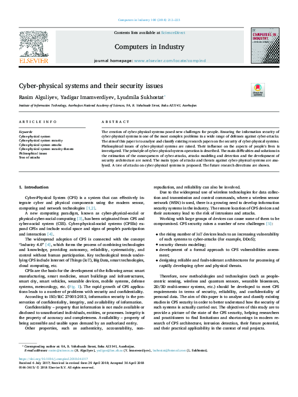 (PDF) Cyber-Physical Systems and their Security Issues