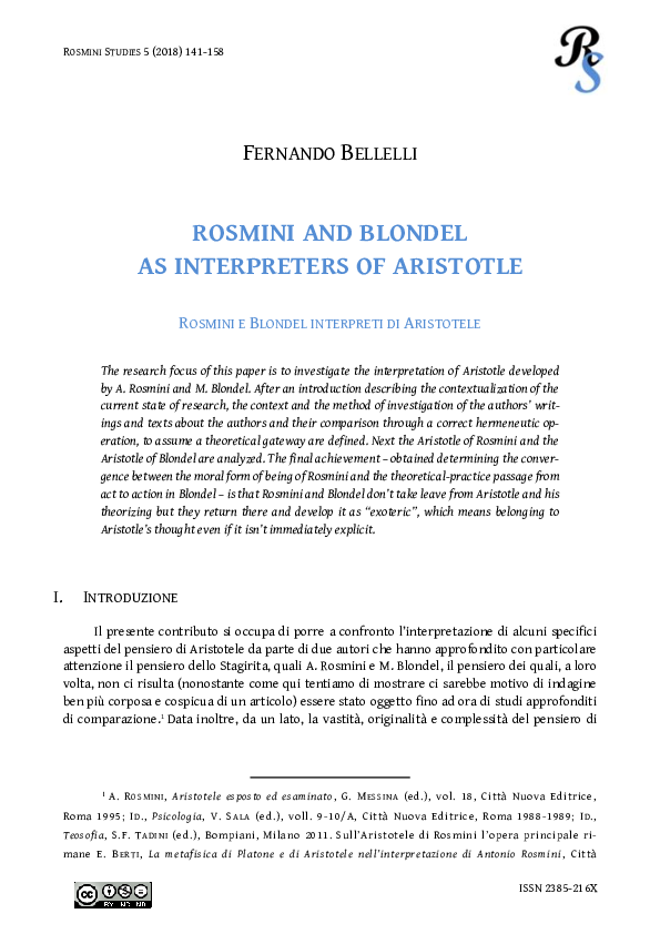 (PDF) Rosmini and Blondel as Interpreters of Aristotle | Fernando Bellelli - Academia.edu