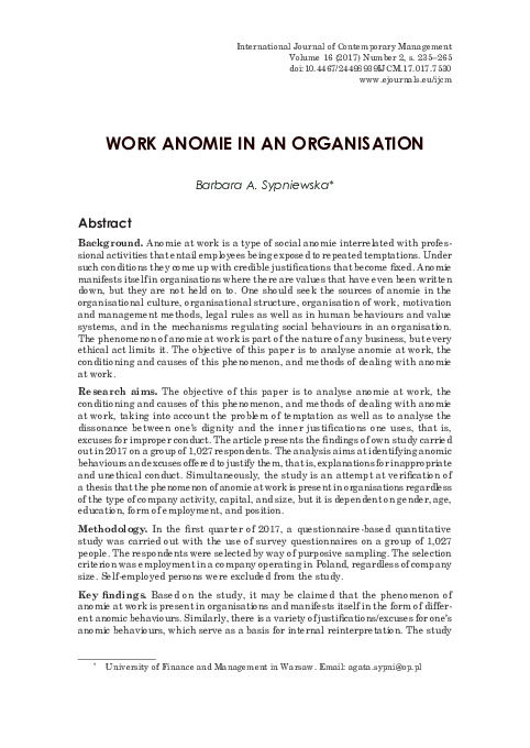 (PDF) Work Anomie in an Organisation