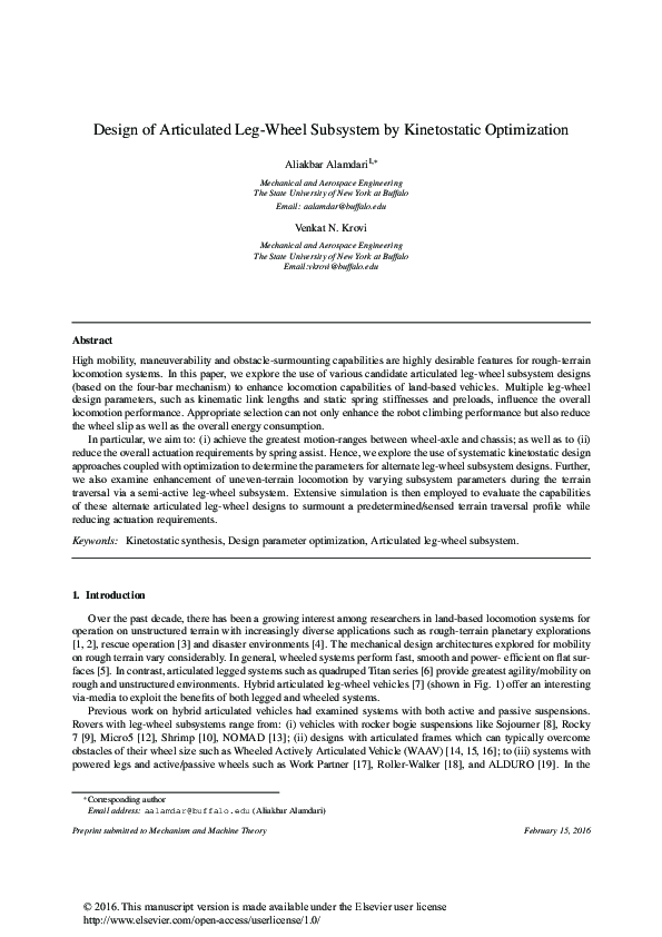(PDF) Design of articulated leg–wheel subsystem by kinetostatic ...