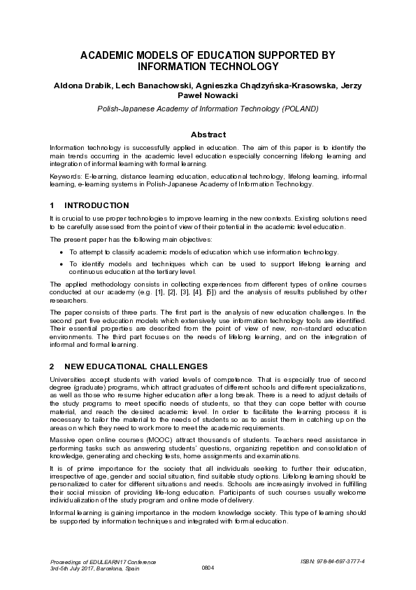 (PDF) Academic Models of Education Supported by Information Technology