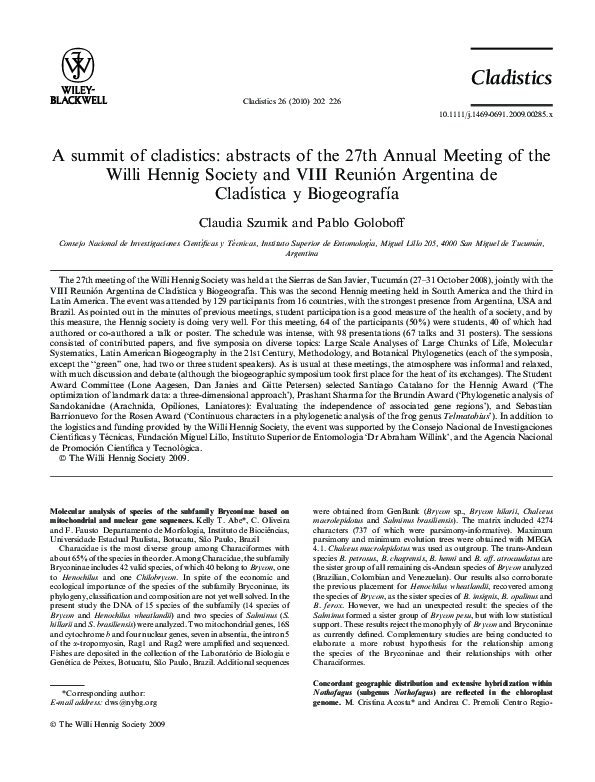 (PDF) A summit of cladistics: abstracts of the 27th Annual Meeting of ...