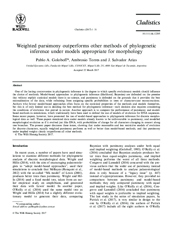 (PDF) Weighted parsimony outperforms other methods of phylogenetic inference under models ...