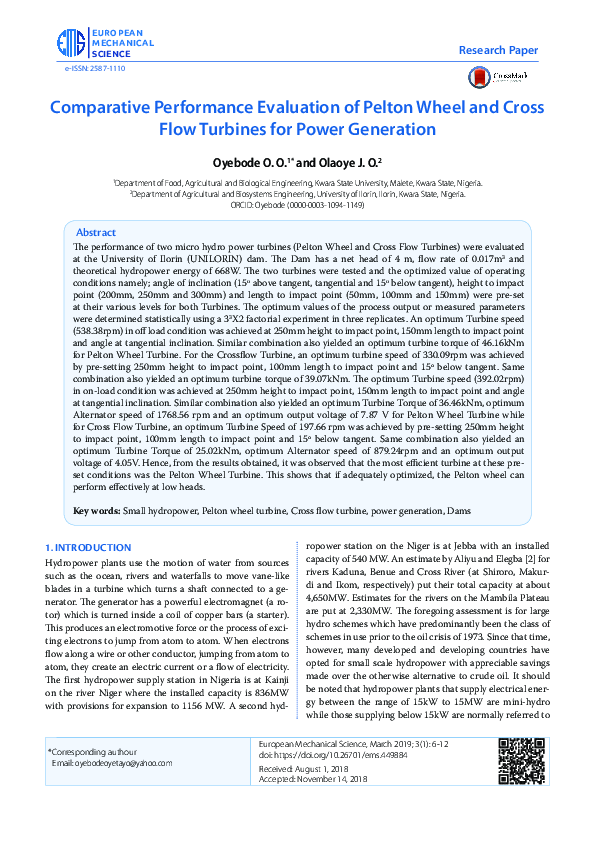 (PDF) Comparative Performance Evaluation of Pelton Wheel and Cross Flow Turbines for Power ...