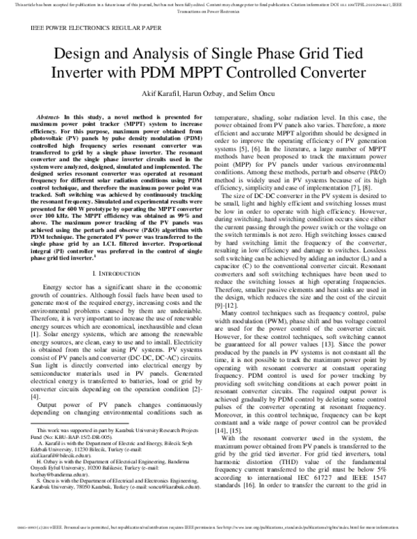 (PDF) Design and Analysis of Single-Phase Grid-Tied Inverter With PDM MPPT-Controlled Converter