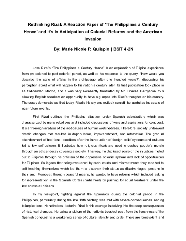 (PDF) Rethinking Rizal: A Reaction Paper of 'The Philippines a Century ...