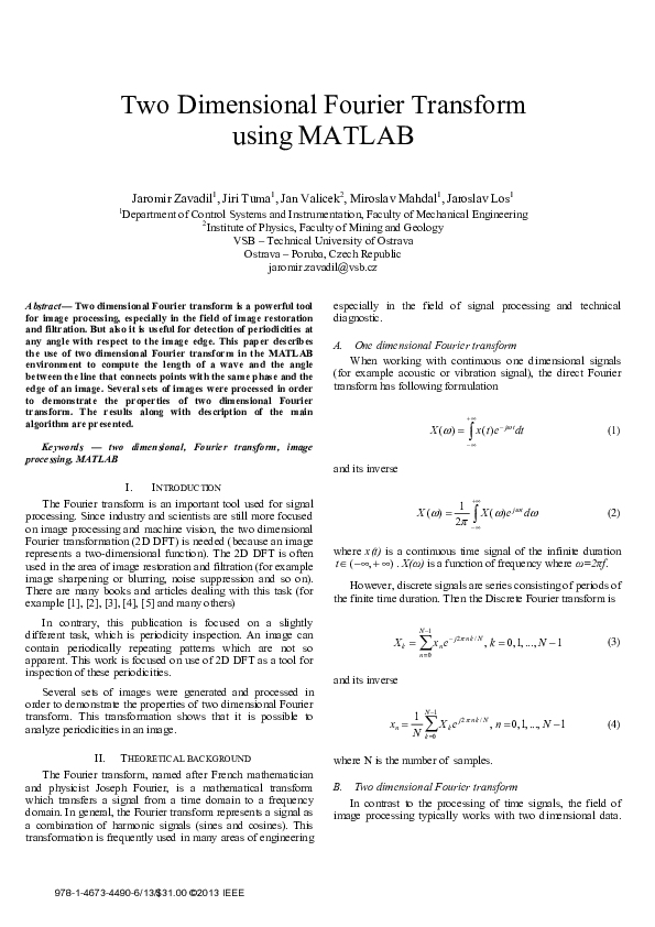 Pdf Two Dimensional Fourier Transform Using Matlab Jiri Tuma