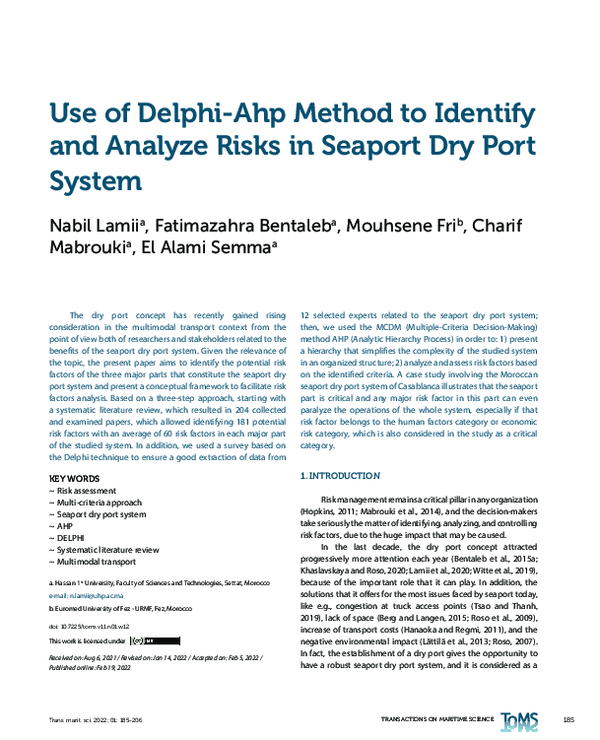 (PDF) Use of DELPHI-AHP Method to Identify annd Analyze Risks in Seaport Dry Port System