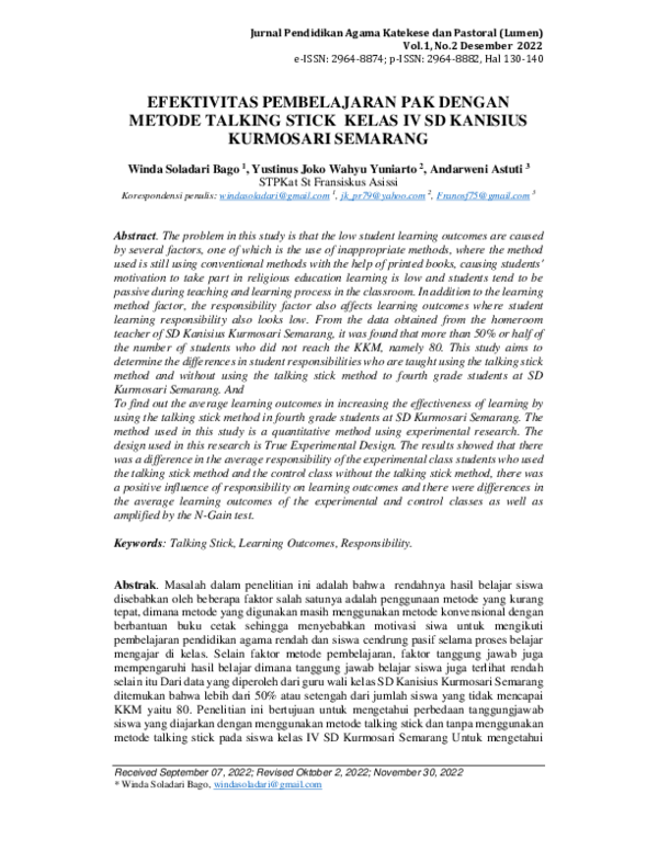 (PDF) Efektivitas Pembelajaran Pak Dengan Metode Talking Stick Kelas IV ...